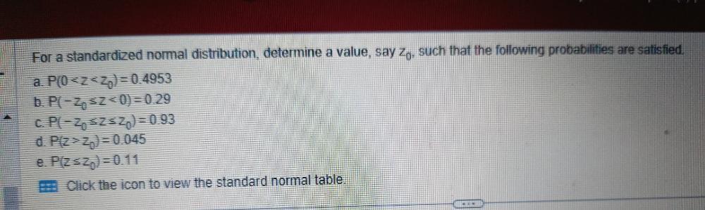 Solved For a standardized normal distribution, determine a | Chegg.com
