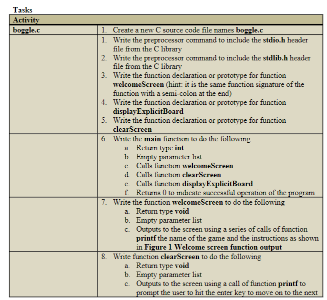 Solved Tasks Activity boggle.c 1. Create a new C source code | Chegg.com