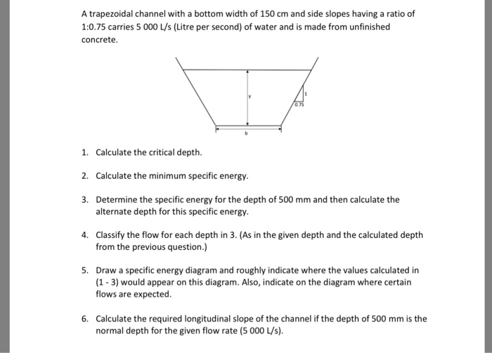 Solved A trapezoidal channel with a bottom width of 150 cm | Chegg.com