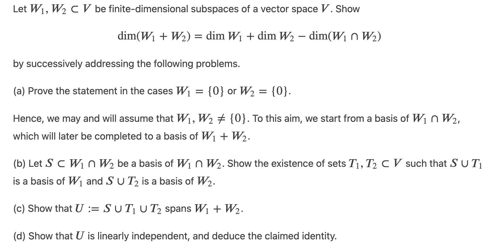 Solved Let 𝑊1,𝑊2⊂𝑉W1,W2⊂V be finite-dimensional subspaces | Chegg.com
