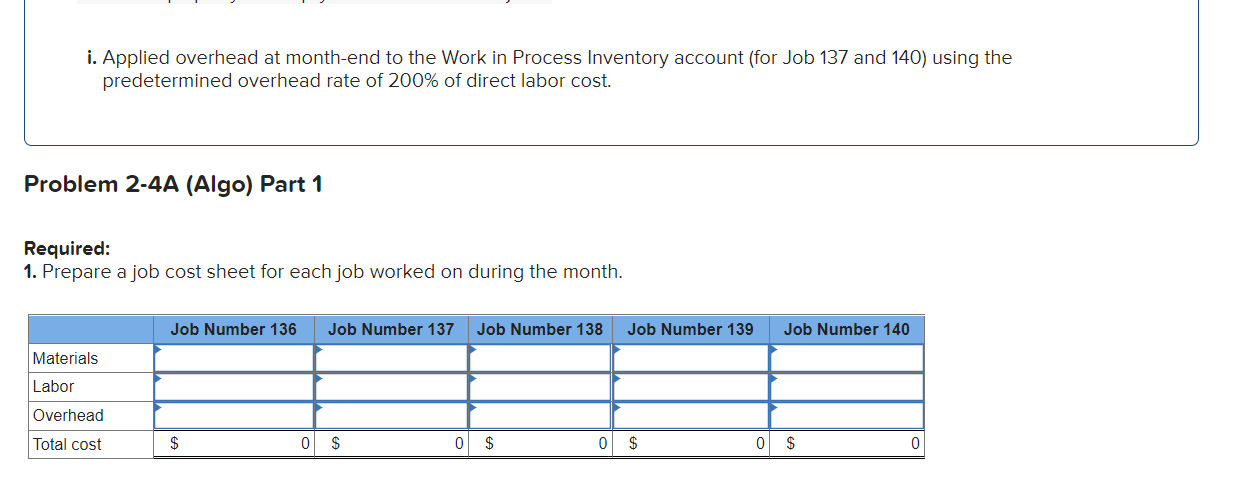 Solved Problem 2-4A (Algo) Preparing job cost sheets, | Chegg.com