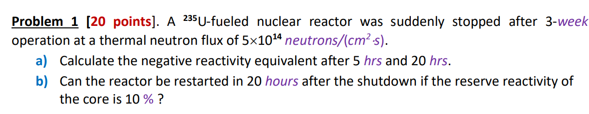 Solved Problem 1 [20 points]. A 235U-fueled nuclear reactor | Chegg.com