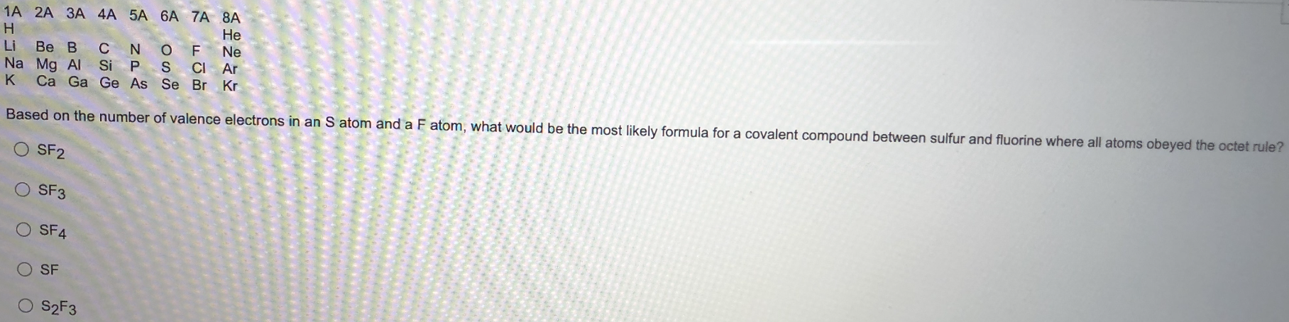 Solved 1A 2A 3A 4A 5A 6A 7A 8A H He Be B с O F Na Mg Al Si S | Chegg.com