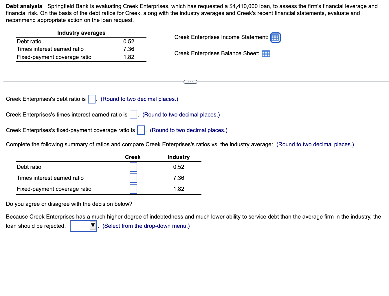 Solved Debt analysis Springfield Bank is evaluating Creek | Chegg.com
