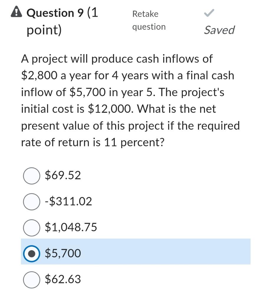 Solved A project will produce cash inflows of $2,800 a year | Chegg.com
