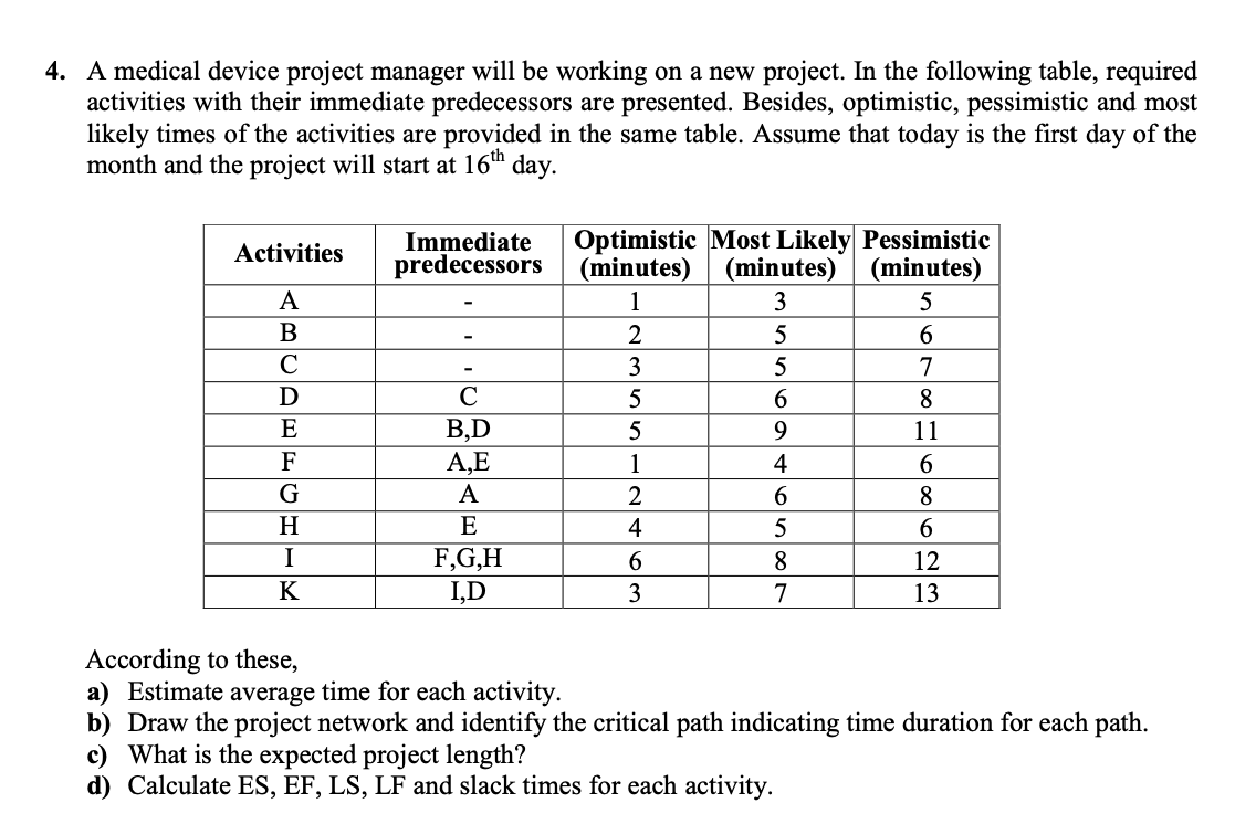 Solved 4. A medical device project manager will be working | Chegg.com
