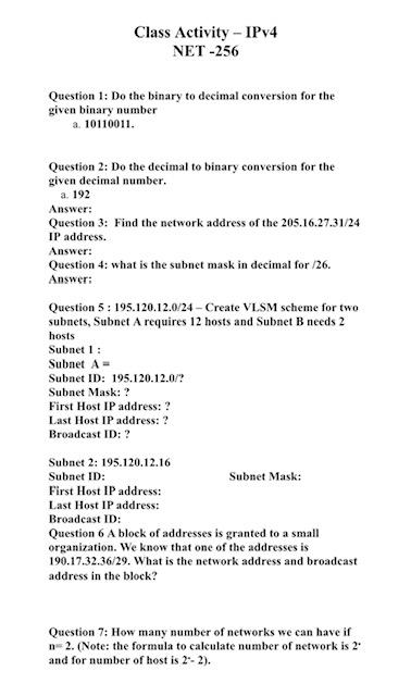 Solved Class Activity - IPv4 NET - 256 Question 1: Do the | Chegg.com