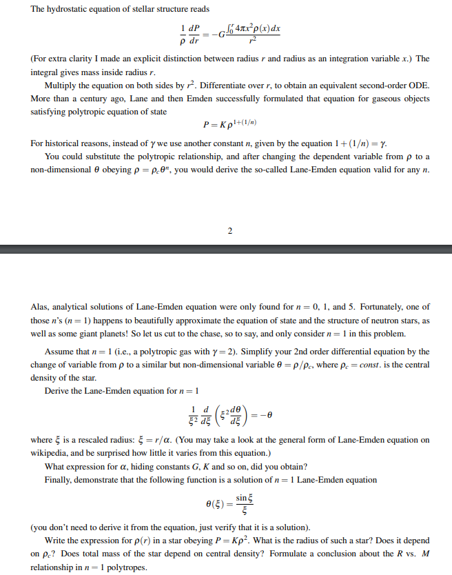 Solved The hydrostatic equation of stellar structure reads | Chegg.com