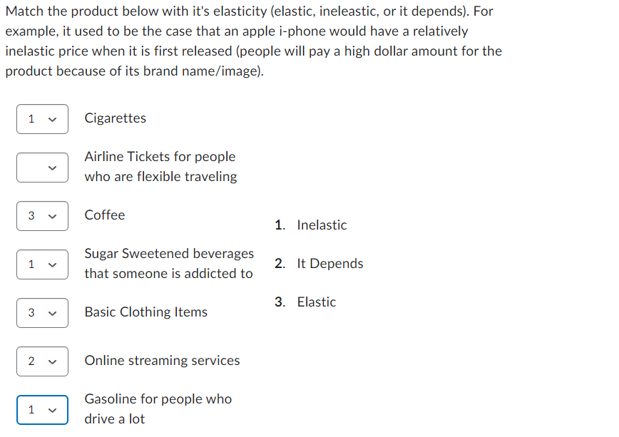 Solved Match the product below with it's elasticity | Chegg.com