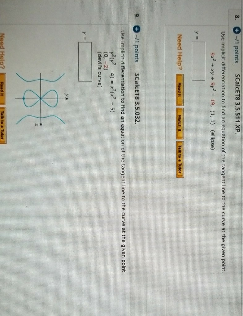 Solved 8. + -/1 points SCalcET8 3.5.511.XP. Use implicit | Chegg.com