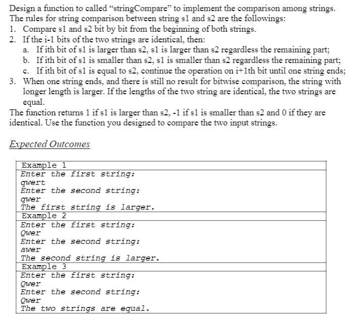 Solved Design a function to called "string Compare to | Chegg.com
