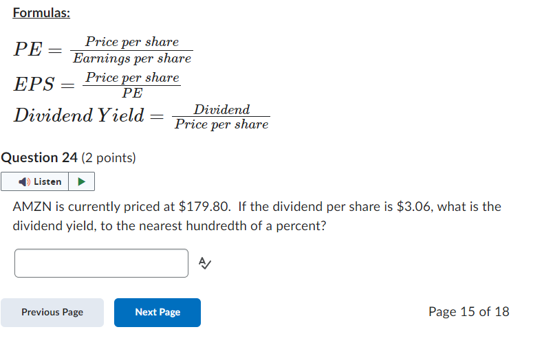 Solved Formulas: PE= Earnings per share Price per share | Chegg.com