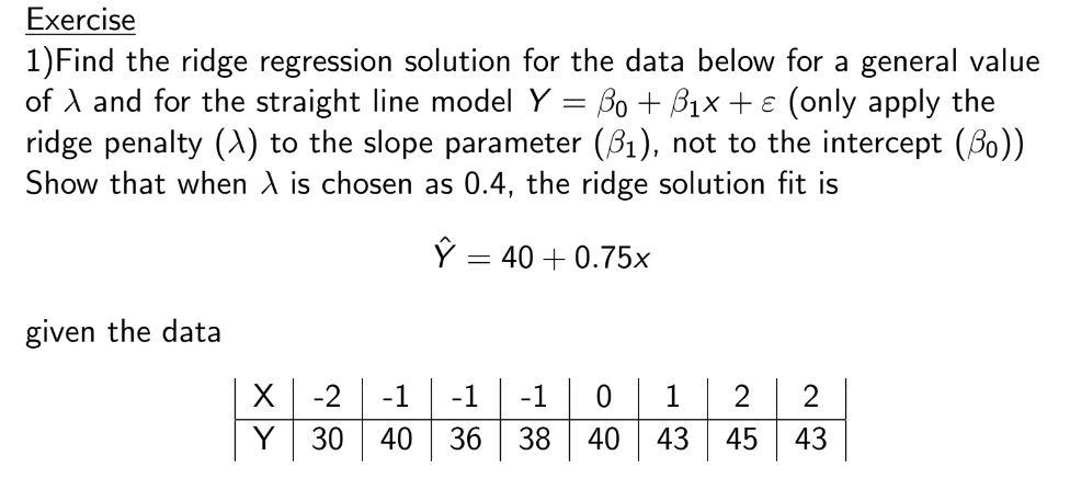 Solved 1)Find the ridge regression solution for the data | Chegg.com