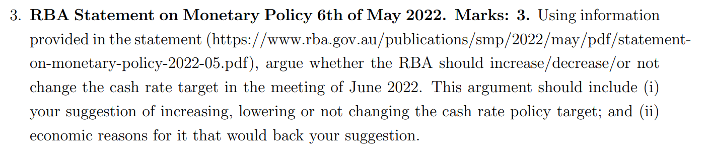 Solved 3. RBA Statement on Monetary Policy 6th of May 2022. | Chegg.com