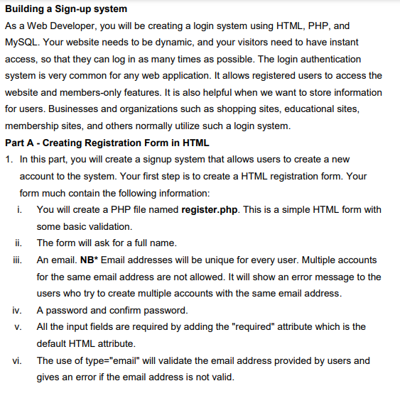 Solved Building a Sign-up system As a Web Developer, you | Chegg.com