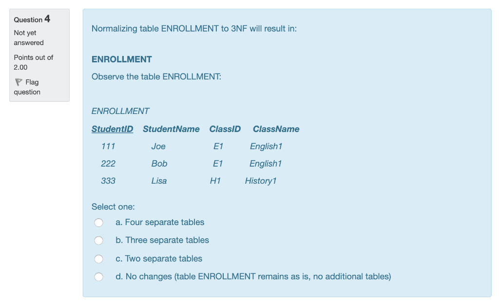 Solved Question 4 Not yet answered Normalizing table | Chegg.com