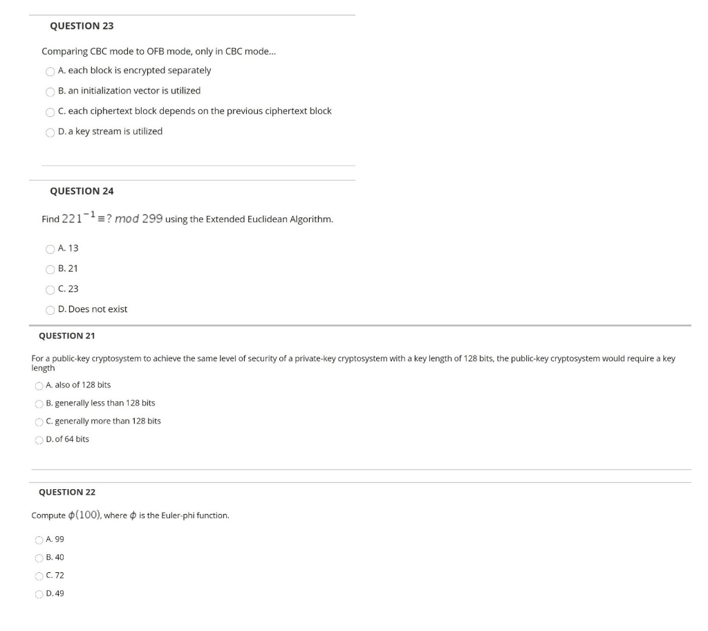 Solved QUESTION 23 Comparing CBC mode to OFB mode, only in | Chegg.com
