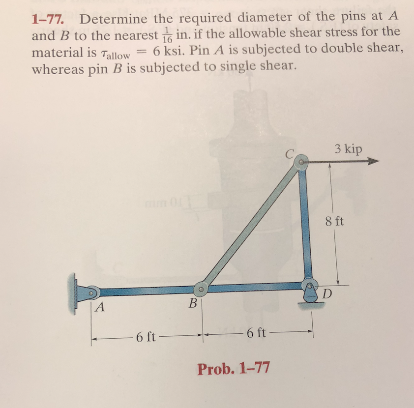 Solved 1-77. Determine the required diameter of the pins at | Chegg.com