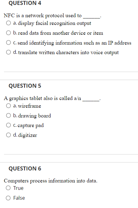 Solved NFC is a network protocol used to a. display facial | Chegg.com