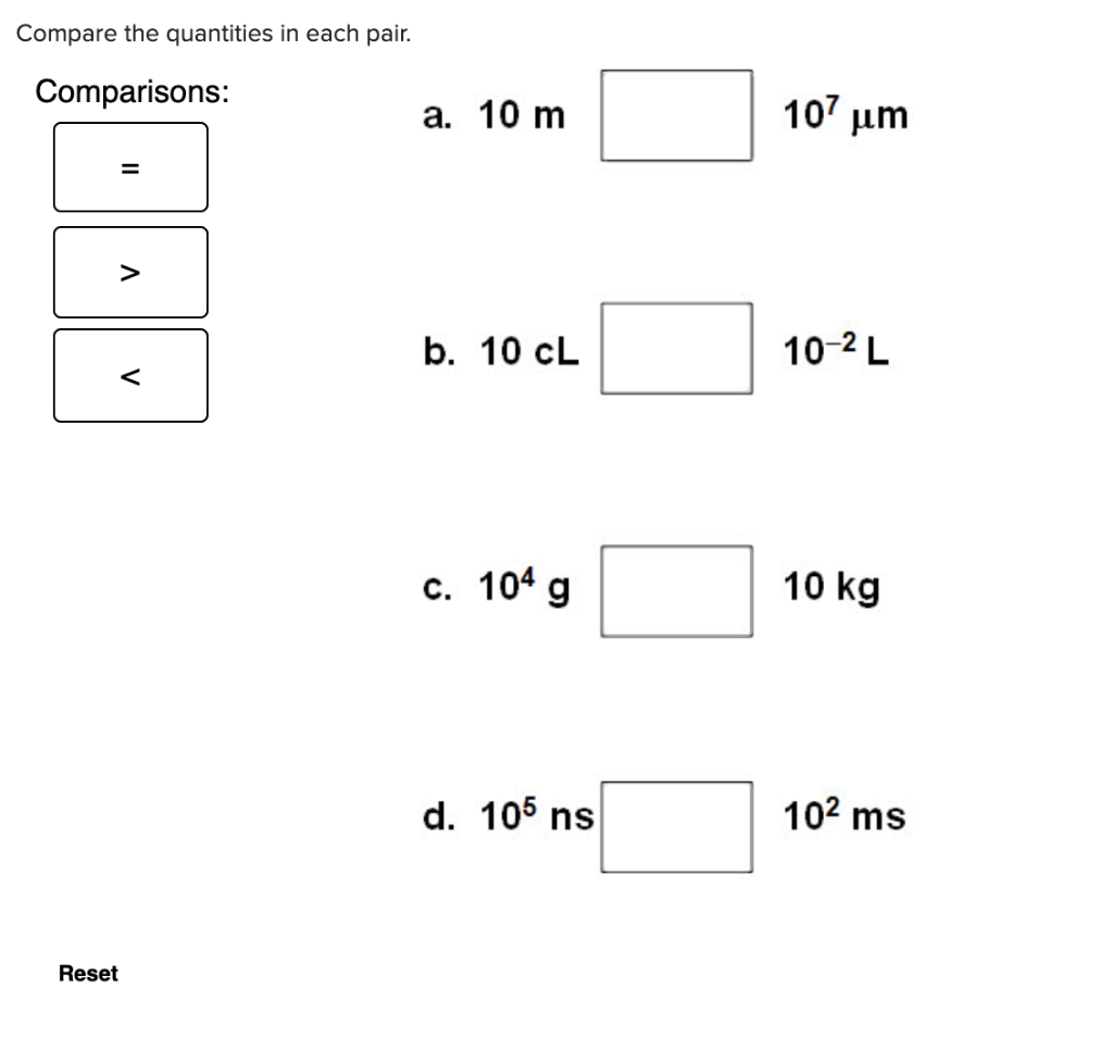 Solved Compare the quantities in each pair. Comparisons: a. | Chegg.com
