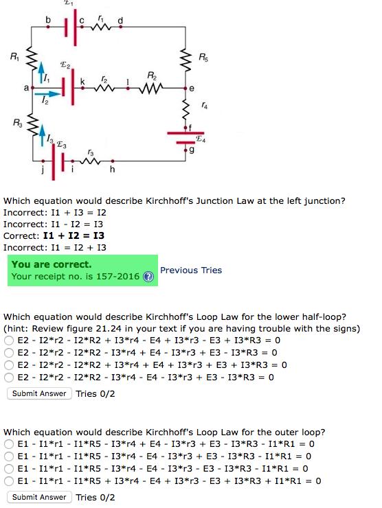Solved Which equation would describe Kirchhoffs Junction Law | Chegg.com