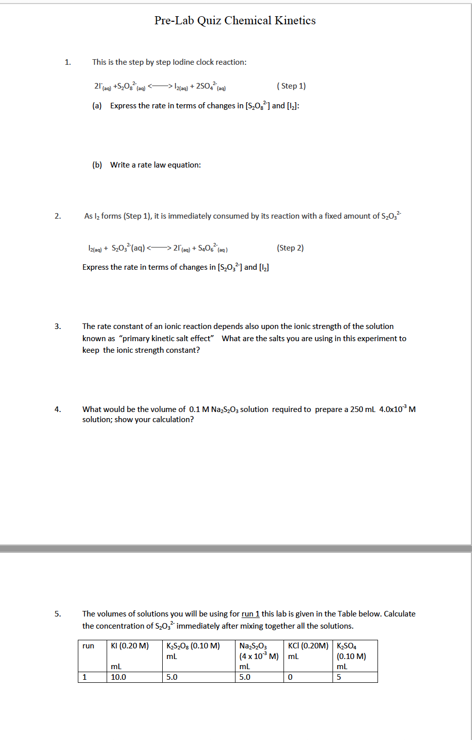 Solved Pre-Lab Quiz Chemical Kinetics 1. This is the step by | Chegg.com