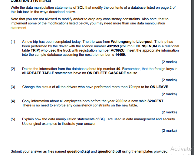 Solved marks) Write the data manipulation statements of SQL | Chegg.com