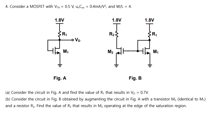 Solved 4. Consider a MOSFET with VTH = 0.5 V, u.Cox = | Chegg.com