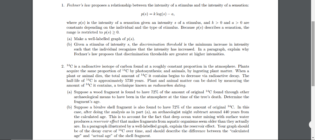 Solved 1. Fechner's law proposes a relationship between the | Chegg.com