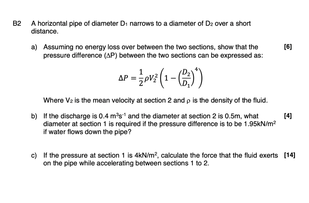 Solved B2 A horizontal pipe of diameter D1 narrows to a | Chegg.com