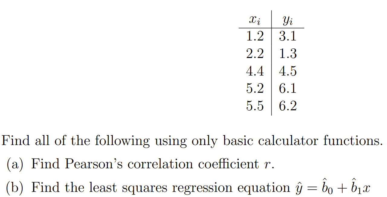 Solved X i Yi 1.2 3.1 2.2 1.3 4.4 4.5 5.2 6.1 5.5 6.2 Find | Chegg.com