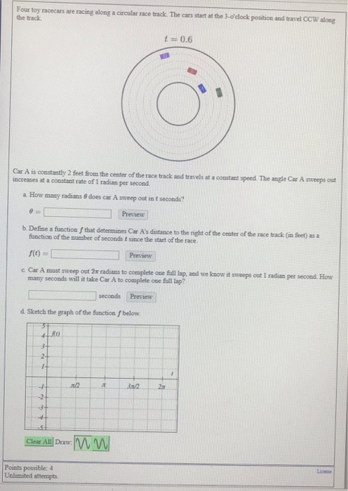Solved Four toy racecars are racing along a circular race | Chegg.com