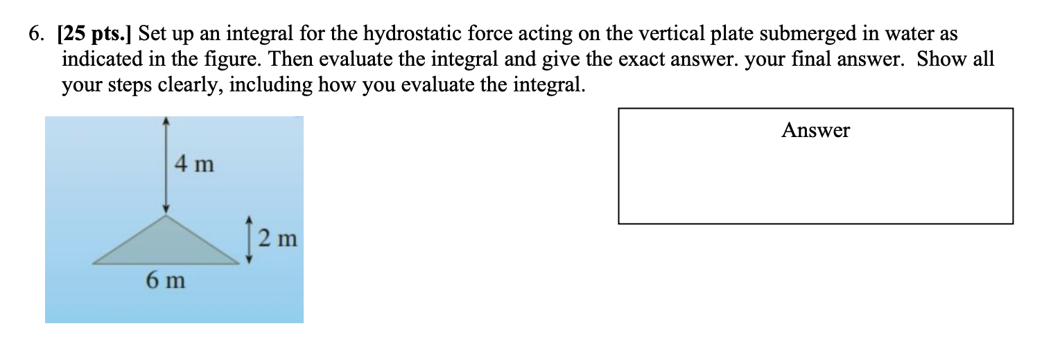 Solved 6. [25 pts.] Set up an integral for the hydrostatic | Chegg.com