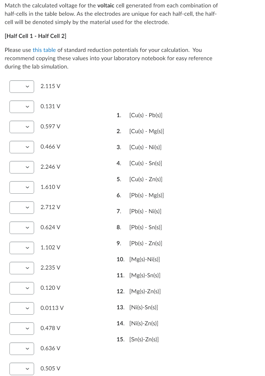 Solved Match the calculated voltage for the voltaic cell | Chegg.com