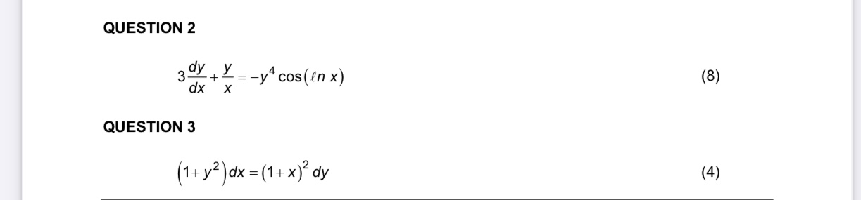 Solved QUESTION 2 \\[ 3 \\frac{d y}{d x}+\\frac{y}{x}=-y^{4} | Chegg.com