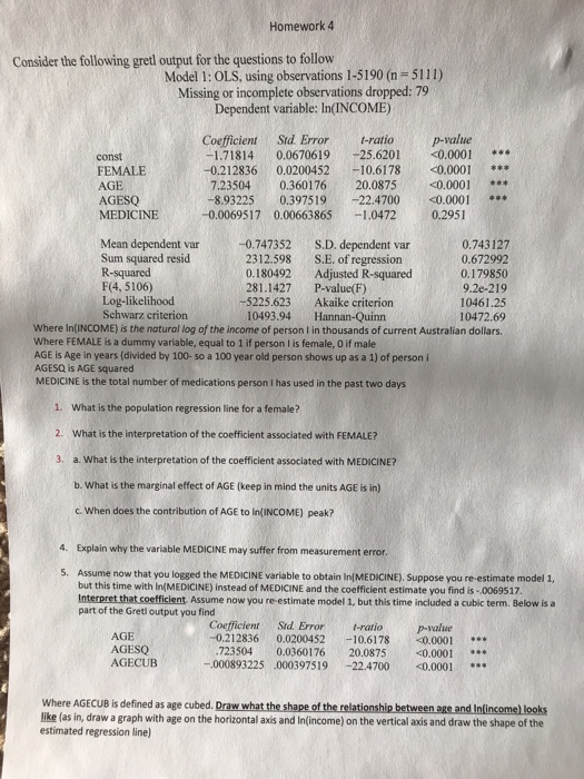 Solved Homework 4 Consider the following gretl output for | Chegg.com