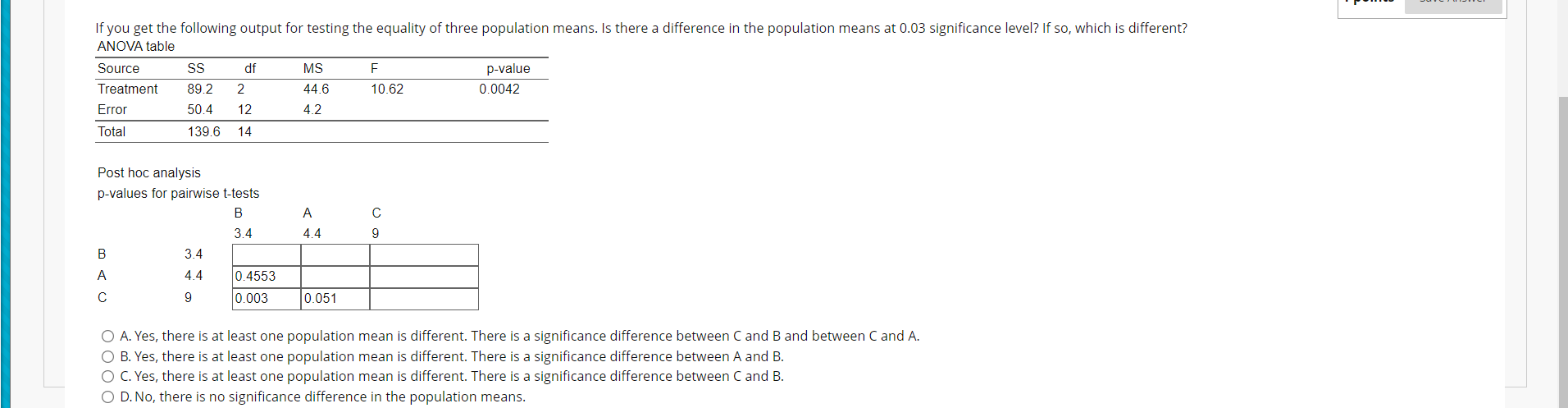Solved Post hoc analysis p-values for pairwise t-tests A. | Chegg.com