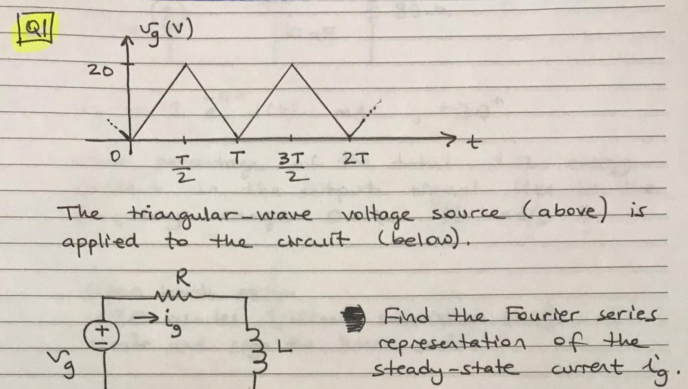 Solved ug (V) 20 A O т 2T 2 t 플 3 I 졸 The triangular wave | Chegg.com