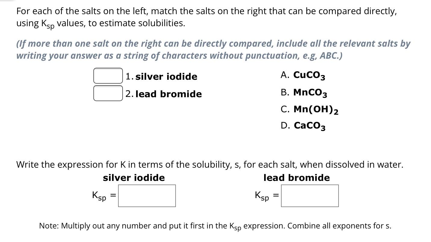 Solved For each of the salts on the left, match the salts on | Chegg.com