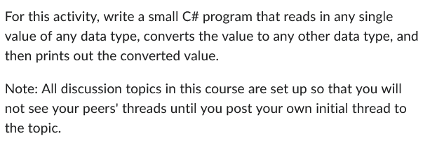 Solved For this activity, write a small C\# program that | Chegg.com