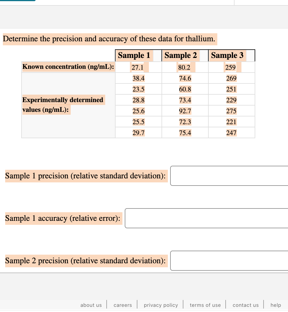 Solved Determine the precision and accuracy of these data | Chegg.com
