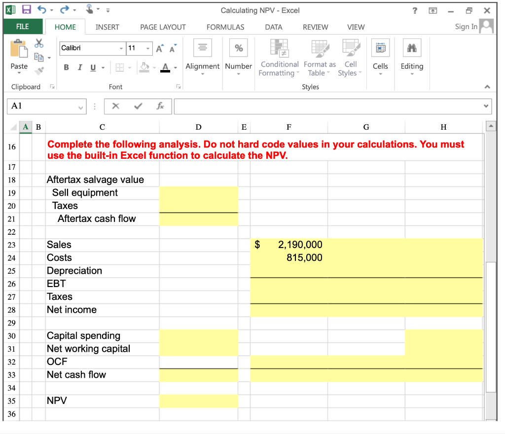 Solved Calculating NPV - Excel ? 5 x FILE HOME INSERT PAGE | Chegg.com