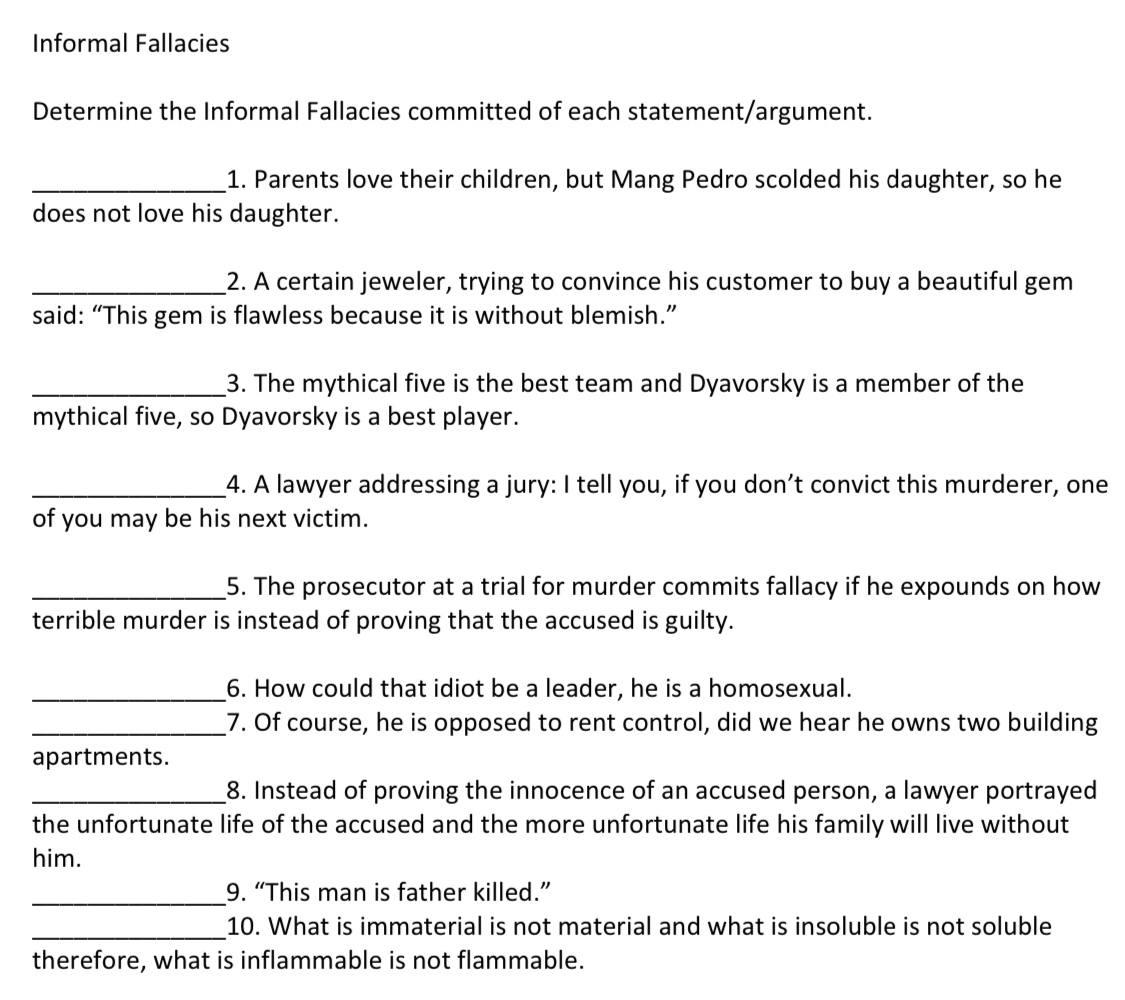 Solved Determine the Informal Fallacies committed of each | Chegg.com