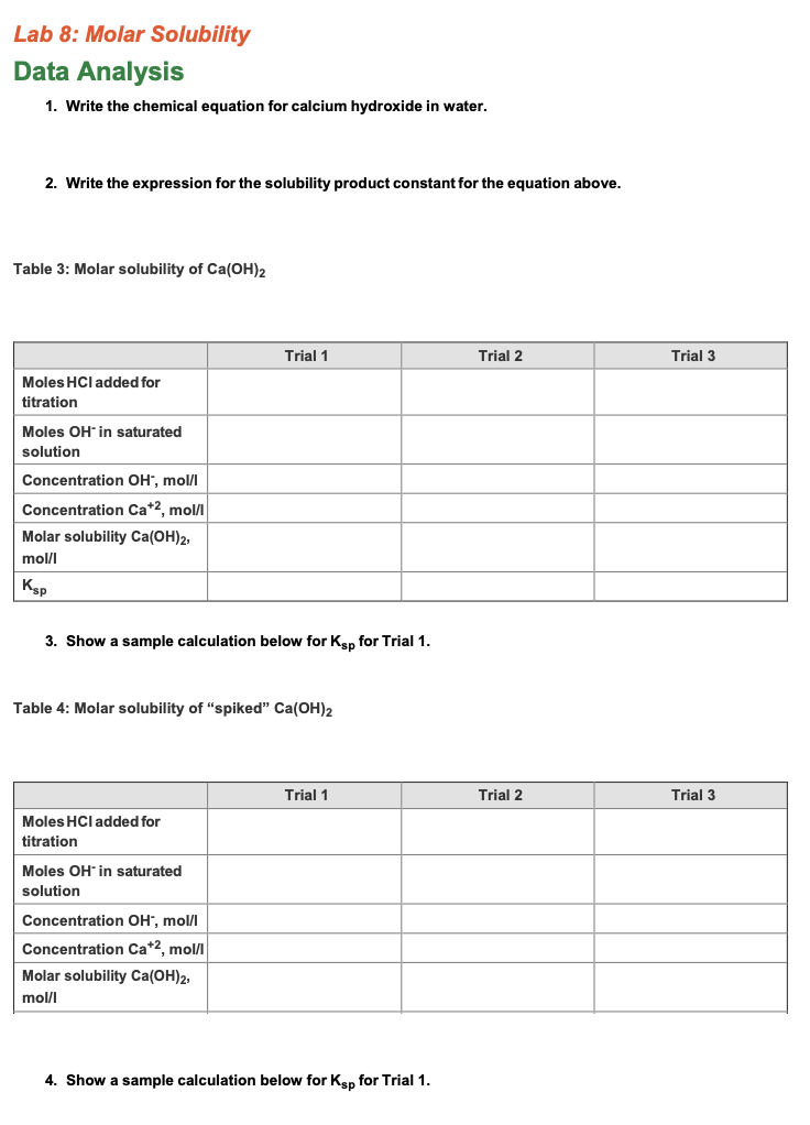 Solved Lab 8: Molar Solubility Data Table 1: Titration of | Chegg.com