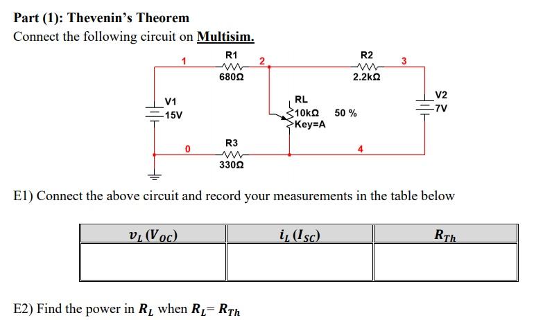 Solved Part (1): Thevenin's Theorem Connect the following | Chegg.com