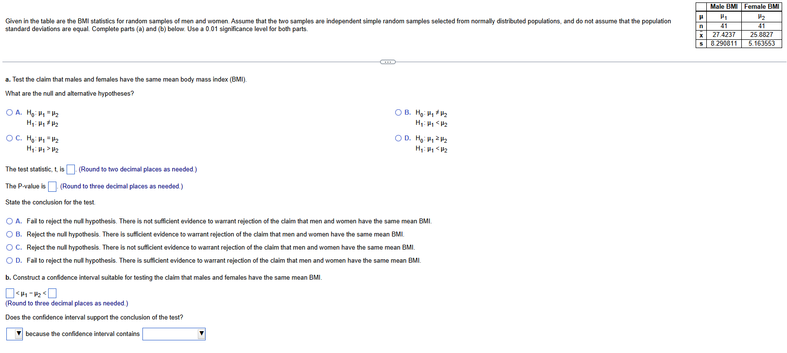 Solved by an EXPERT standard deviations are equal. Complete parts (a) | Chegg.com