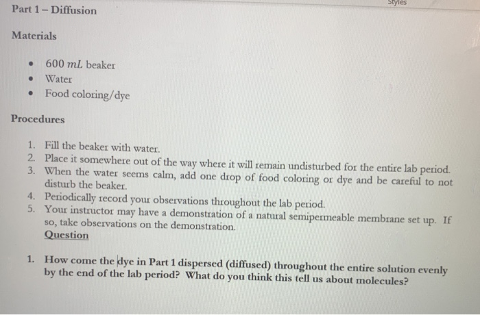Solved Styles Part 1 - Diffusion Materials 600 mL beaker . | Chegg.com
