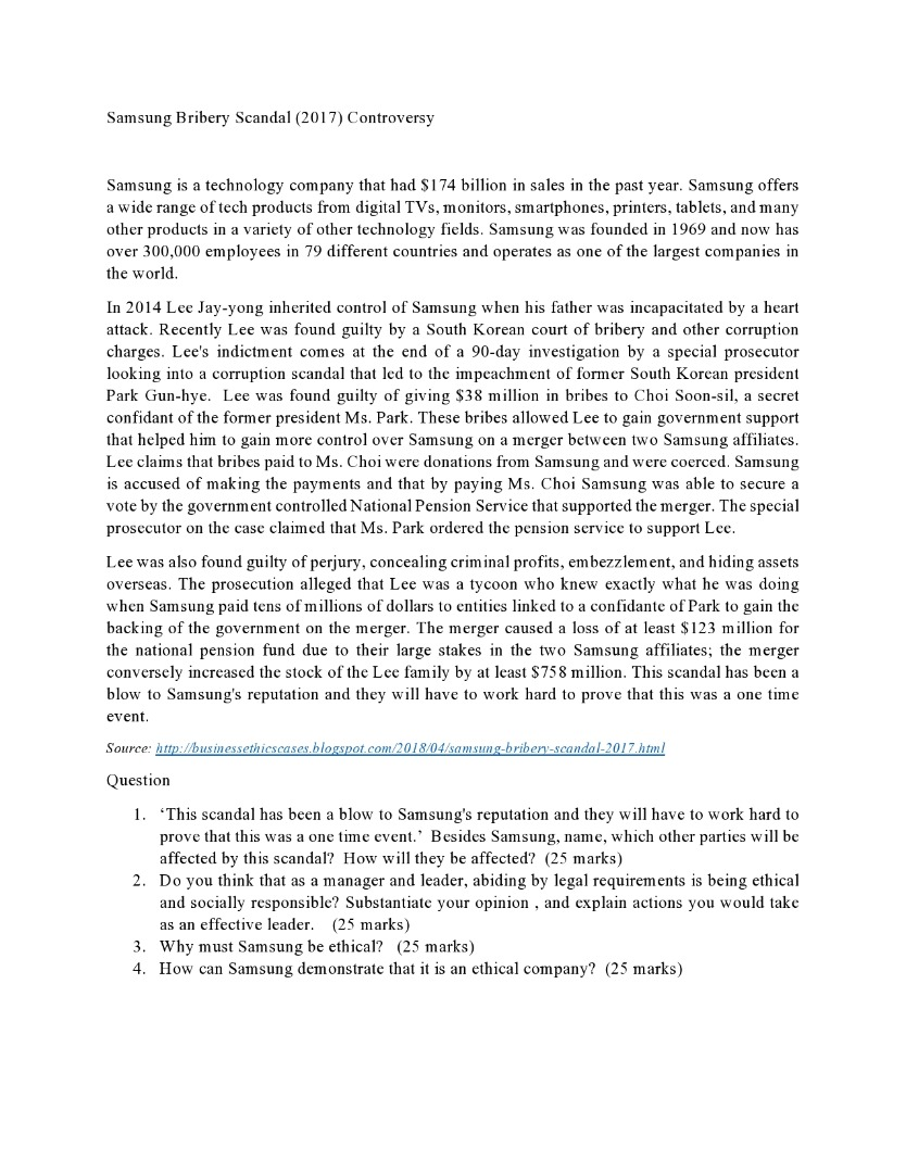 Samsung Bribery Scandal (2017) Controversy Samsung is | Chegg.com