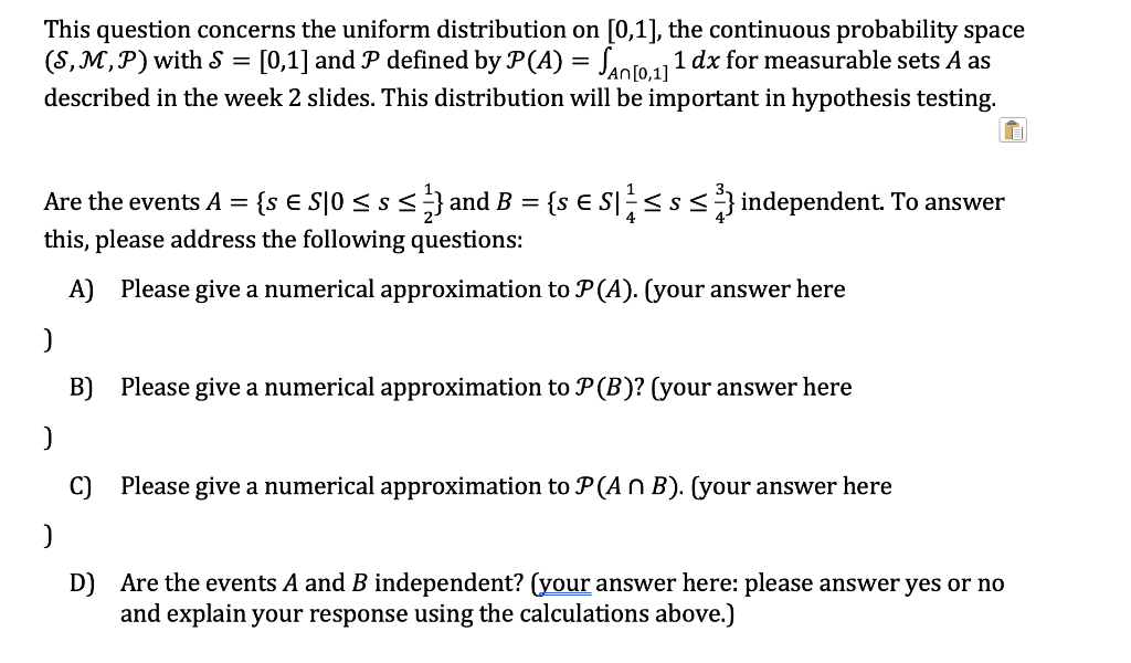 Solved This question concerns the uniform distribution on | Chegg.com