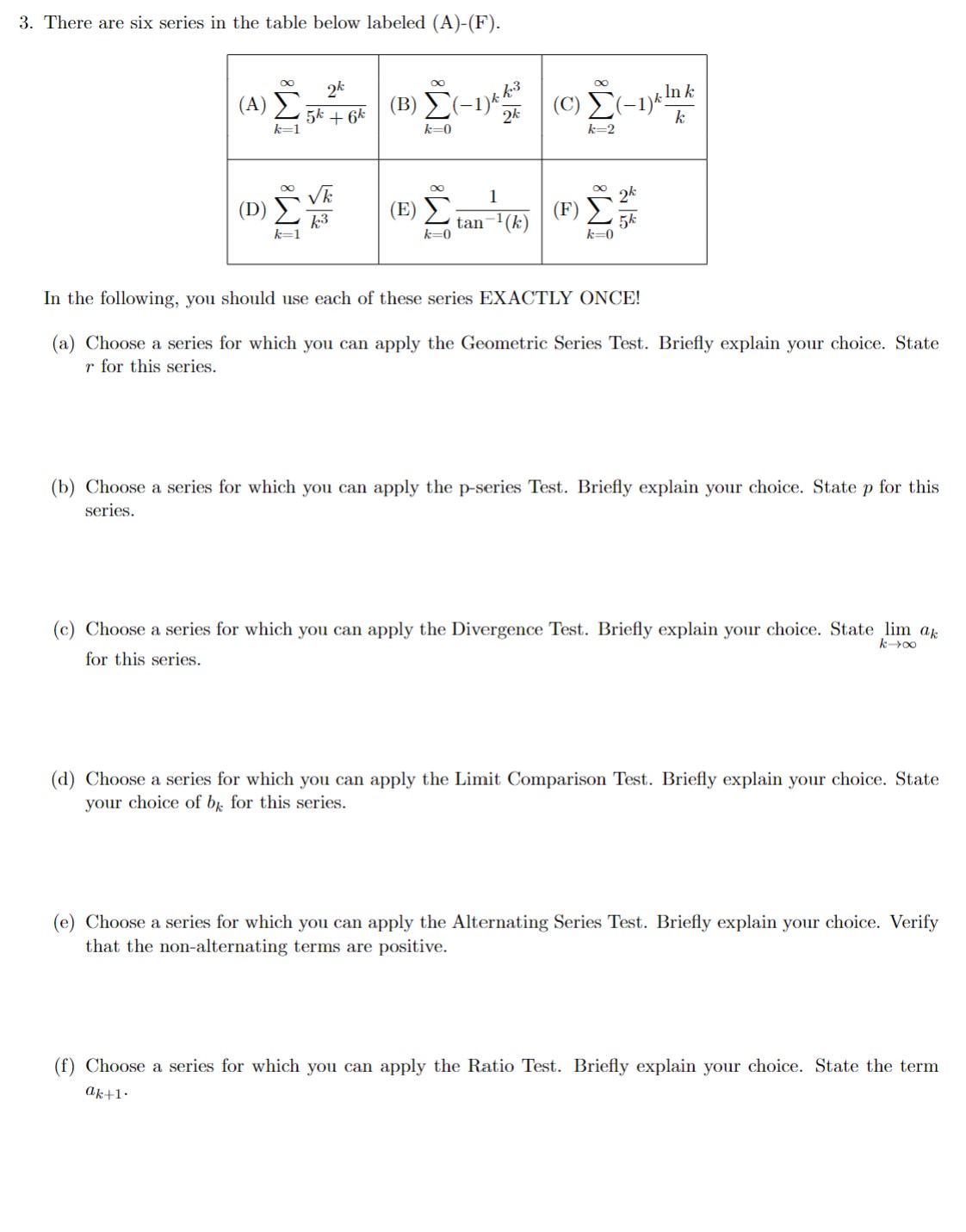 Solved 3. There are six series in the table below labeled | Chegg.com